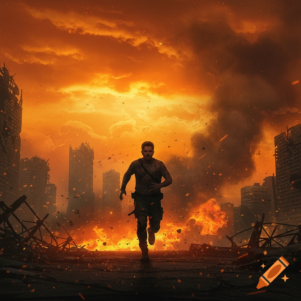A man runs through a burning, destroyed city under a smoky orange sky ...