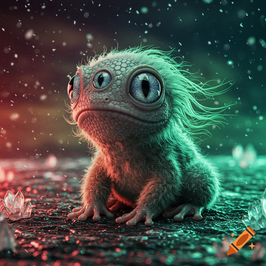 A cute, furry, green alien creature with large blue eyes and scales ...