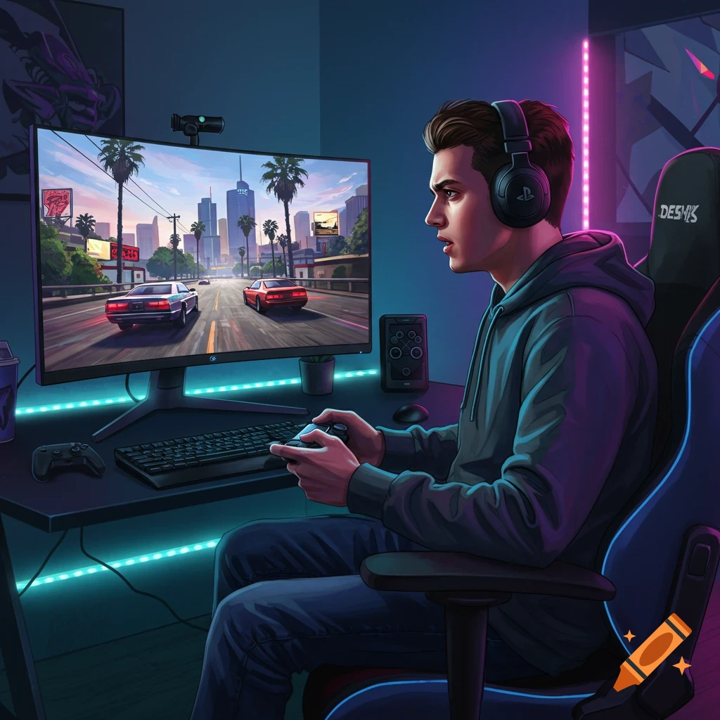 Gamer with headphones plays racing game on a triple monitor setup with ...