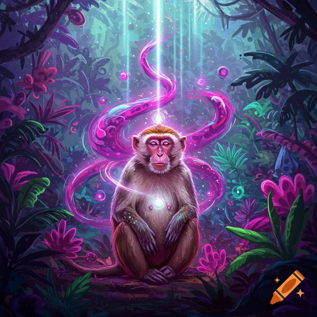 A monkey meditates in a psychedelic, neon-colored jungle, glowing with ...