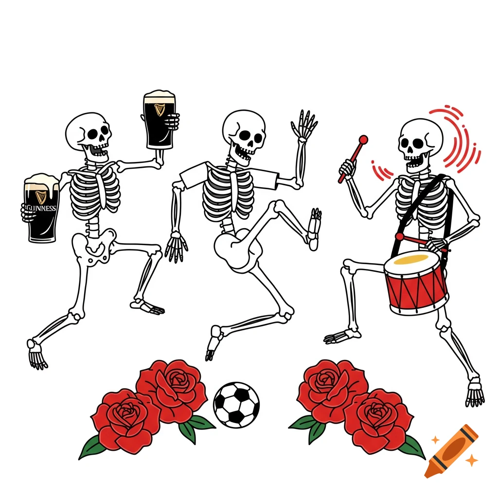 Three cartoon skeletons dancing, two drinking Guinness, one playing ...