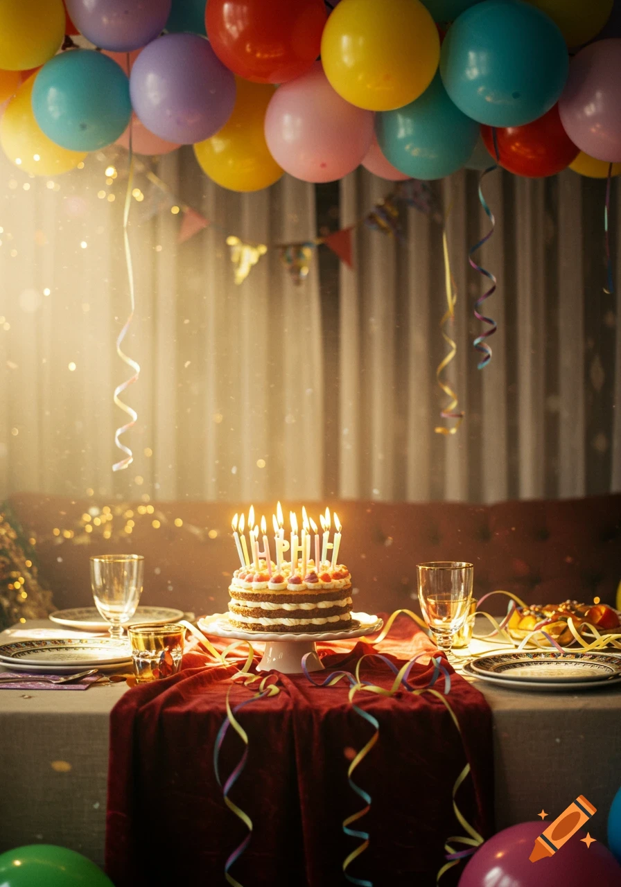 A photorealistic image of a birthday cake with lit candles on a festive table, surrounded by ...