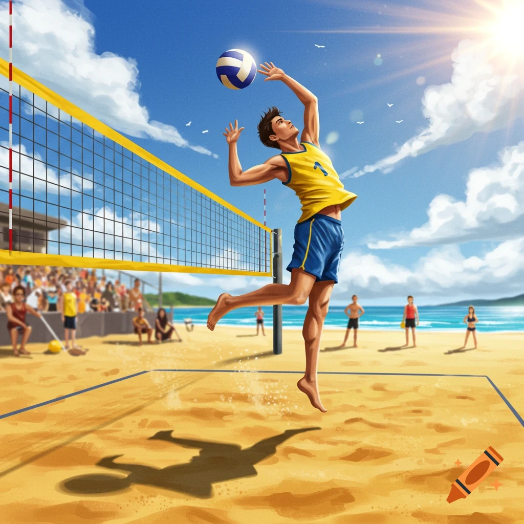 An illustrative scene of a male volleyball player jumping to hit a ...