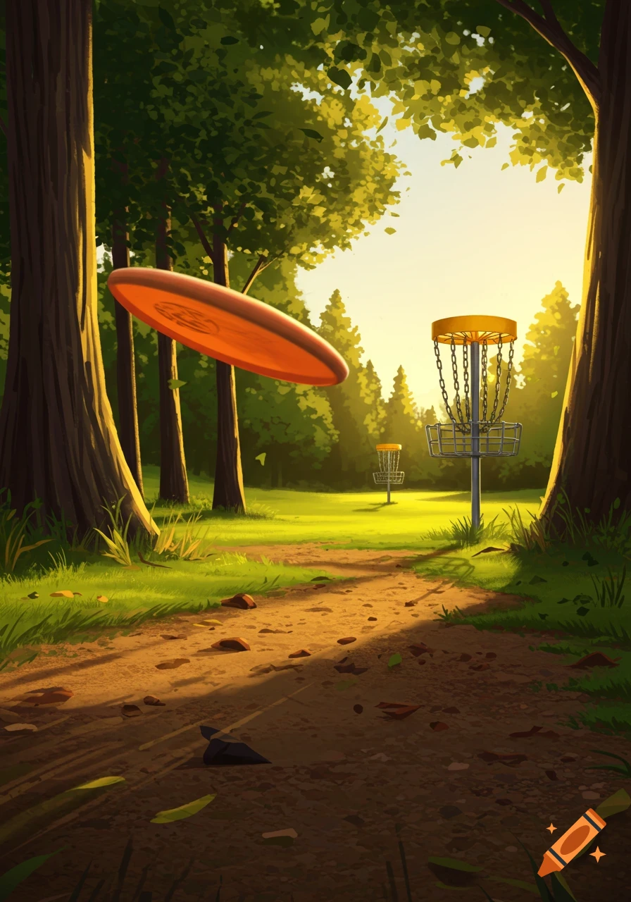 Digital painting of an orange disc flying over a dirt path towards a ...