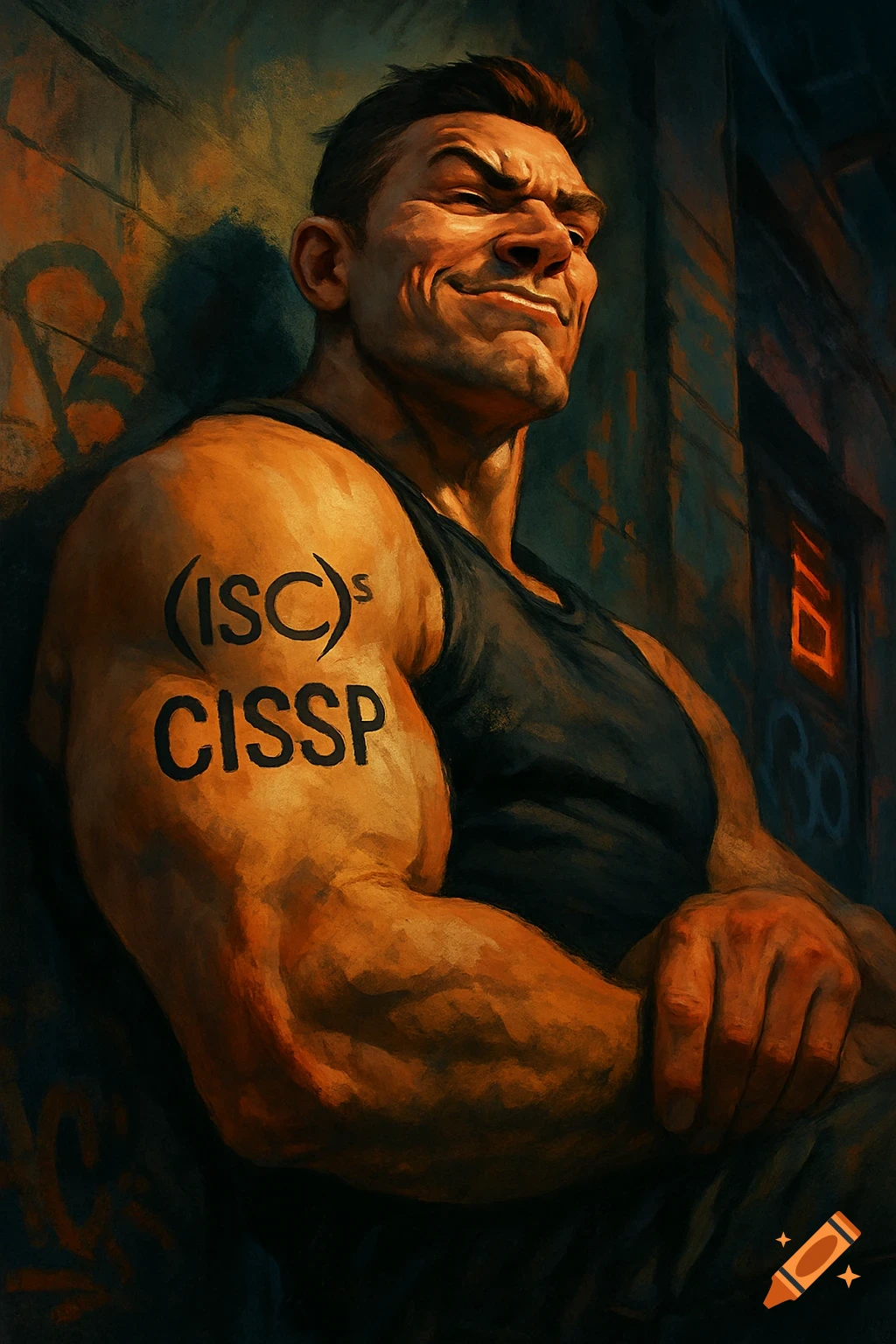 Muscular man with a smug expression, wearing a black tank top, showing ...