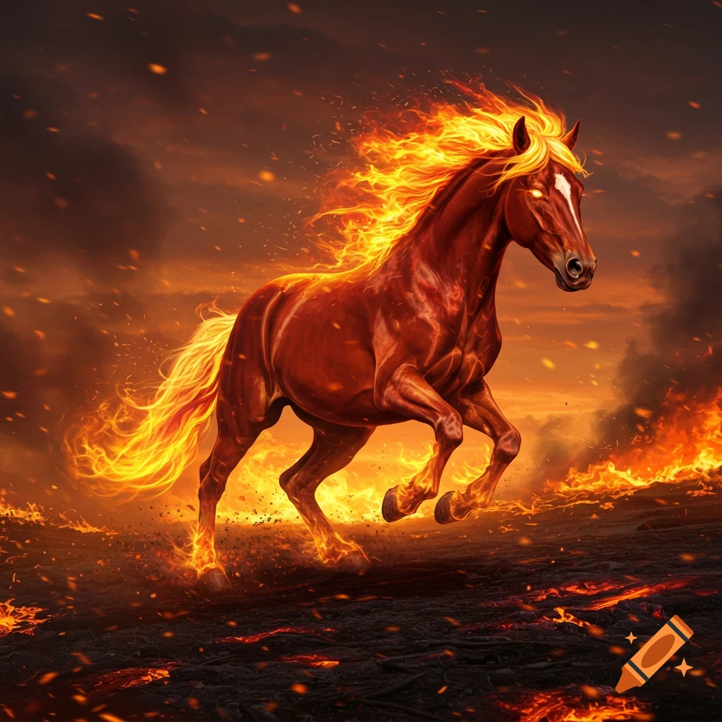 A majestic flaming horse gallops across a fiery landscape under a ...