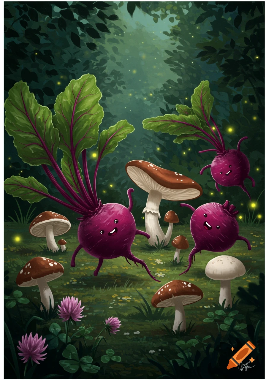 Whimsical illustration of happy, dancing beets with leafy greens and ...