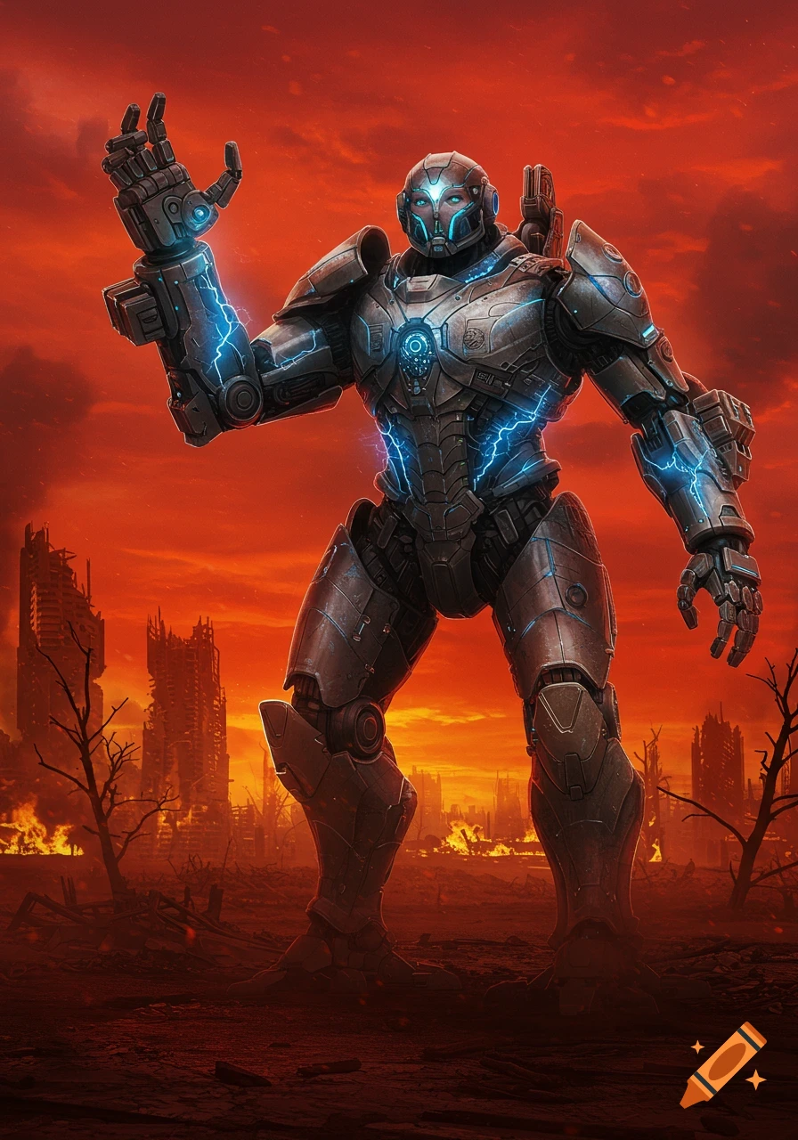 A powerful grey futuristic mech with glowing blue energy stands in a ...