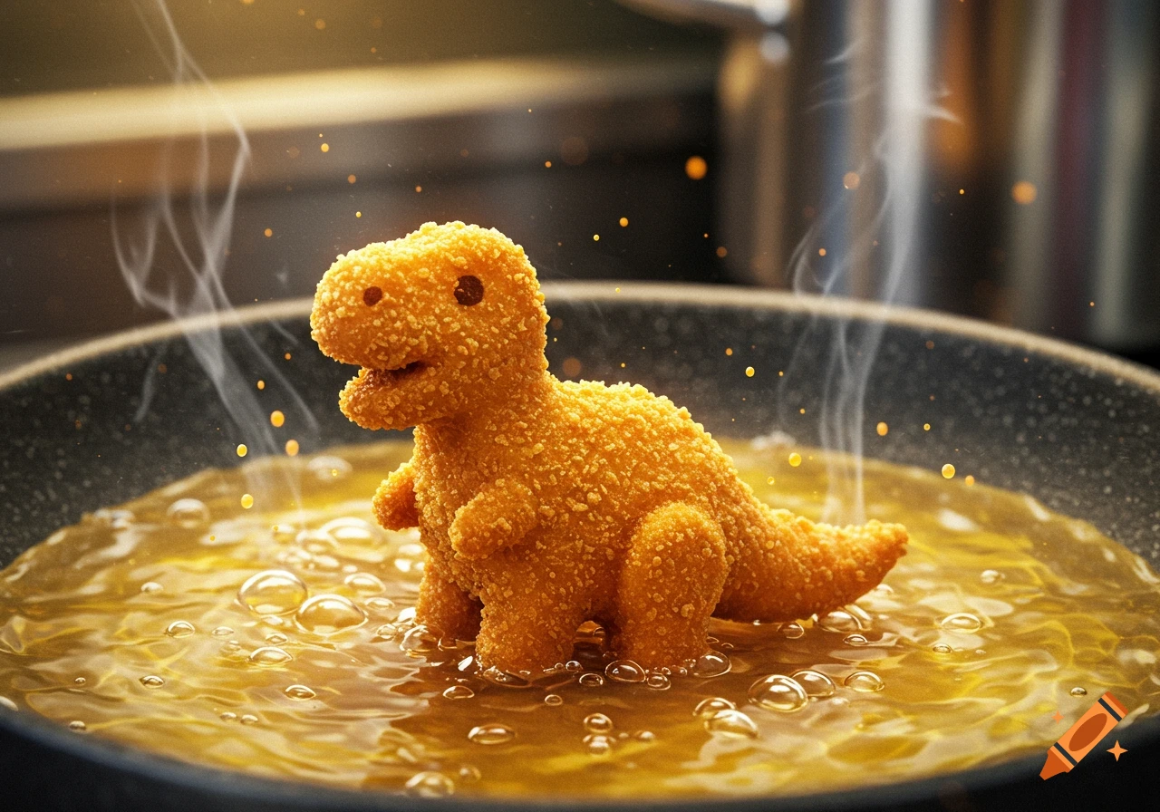 Photorealistic image of a dinosaur-shaped chicken nugget frying in hot ...