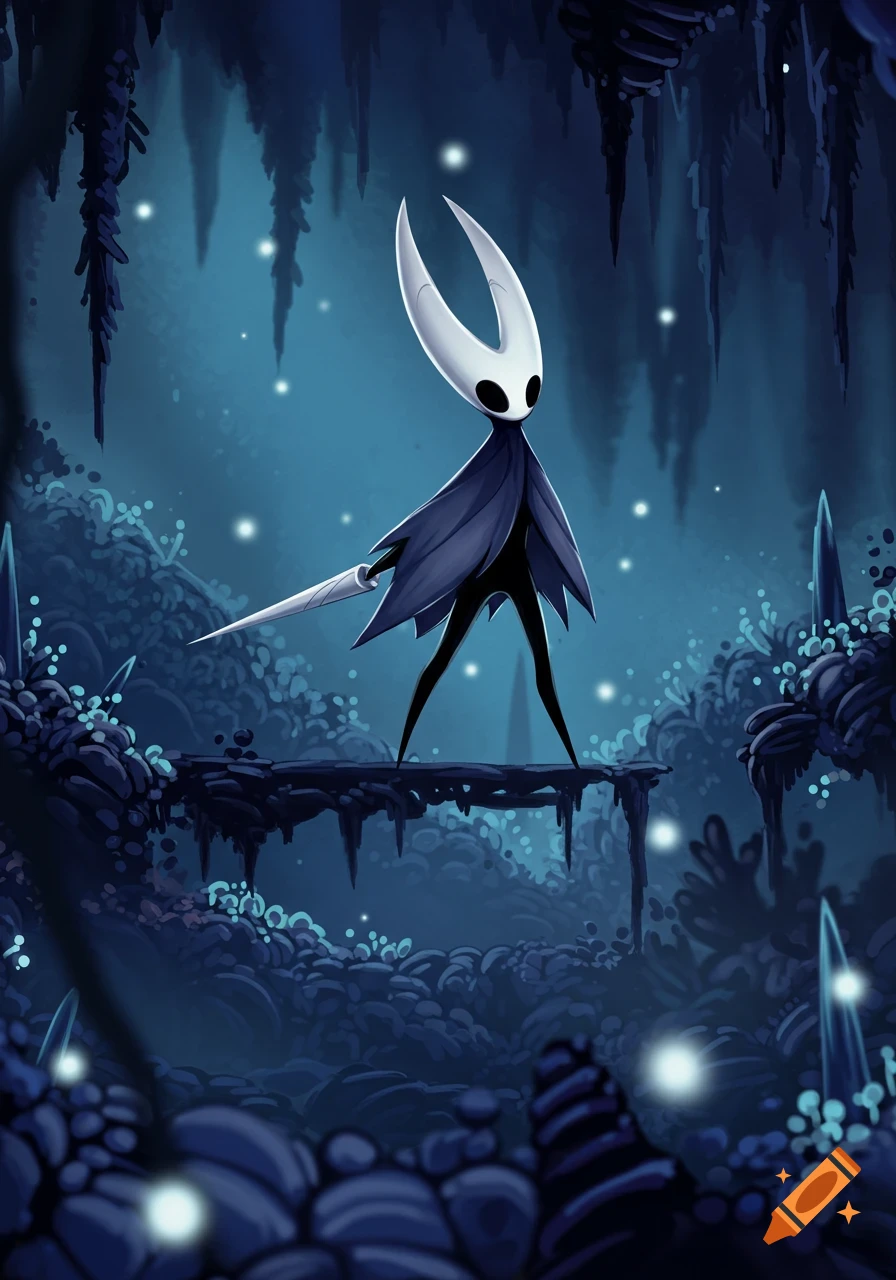 A stylized white-masked, horned character in a dark cloak holds a sword ...