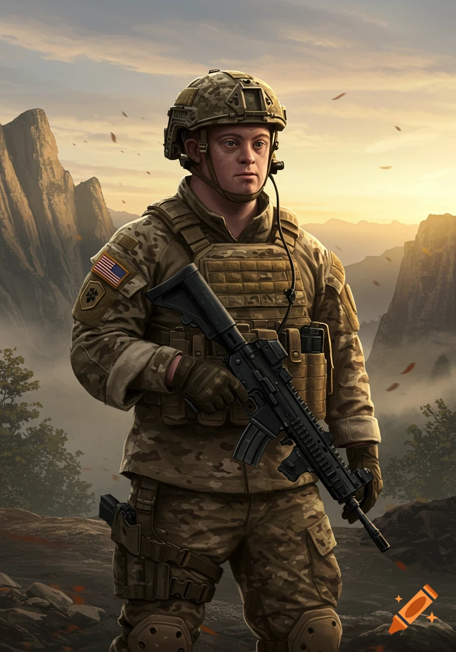 Muscular Santa Claus in armor and red suit, holding a large machine gun ...