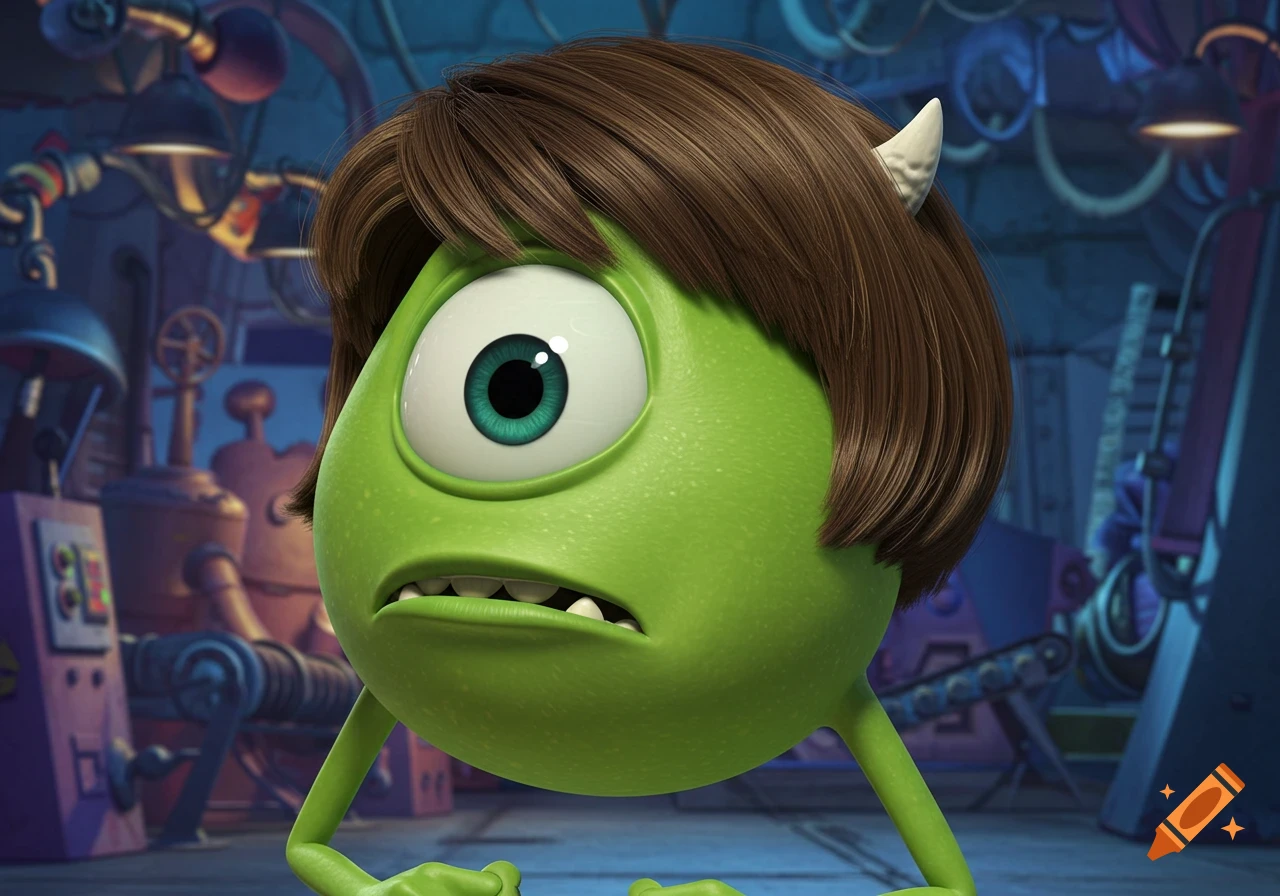 Mike Wazowski from Monsters Inc. with a brown Edgar haircut and a ...