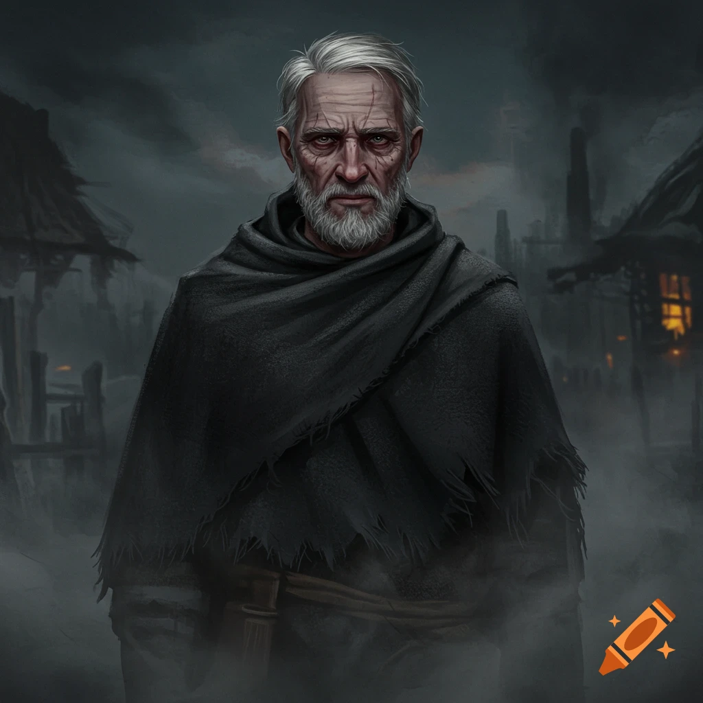 A stern, old man with white hair and a beard, wearing a tattered black ...