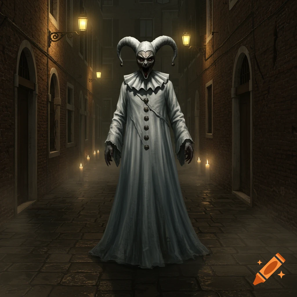 A dark, creepy jester-like figure with horns and a white ruffled ...