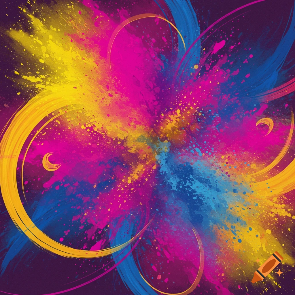 Vibrant abstract explosion of yellow, magenta, and blue paint splatters ...