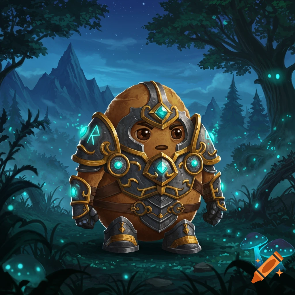 A cute potato character in ornate, glowing fantasy armor stands in a ...