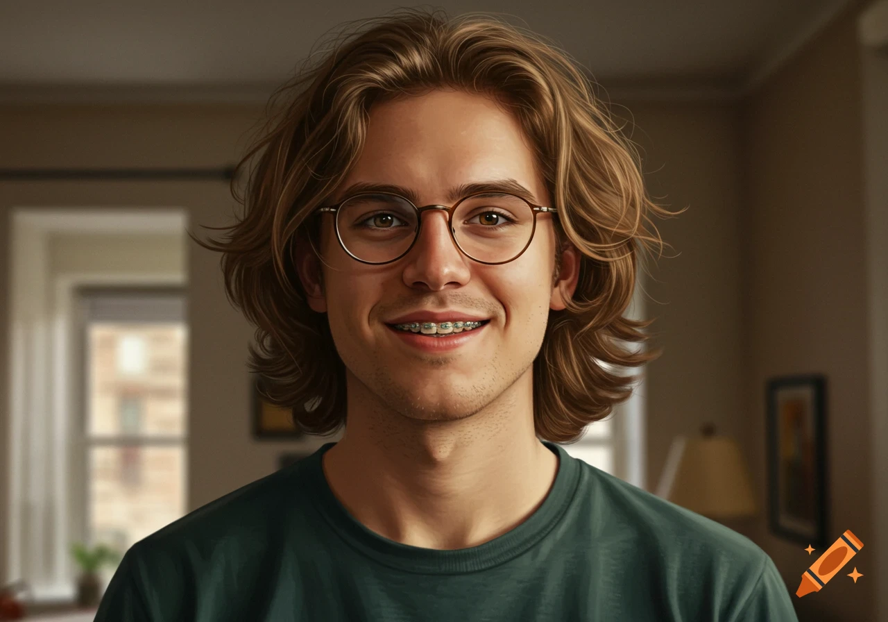 A photorealistic portrait of a smiling young man with long, messy ...