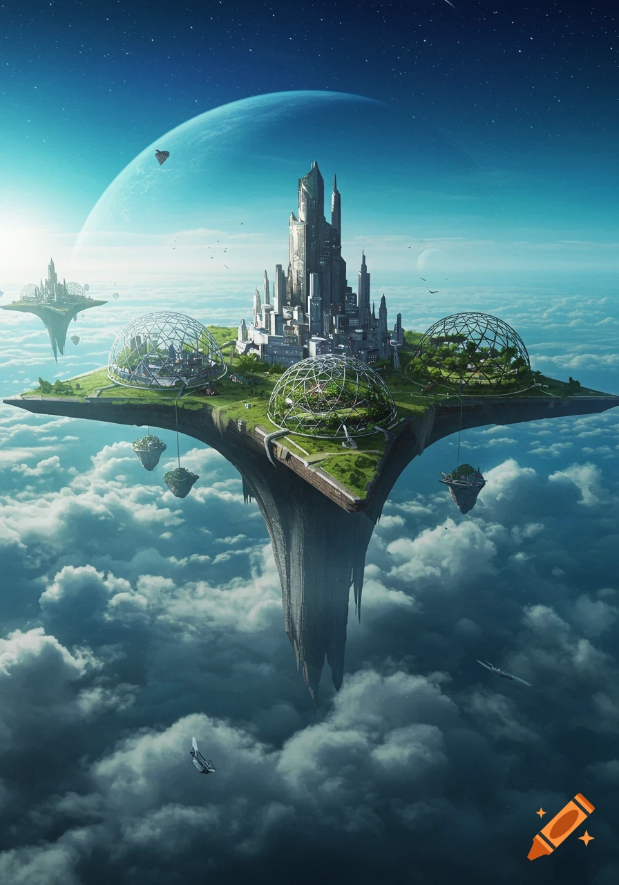 A futuristic city built on a large, flat, star-shaped island floating ...