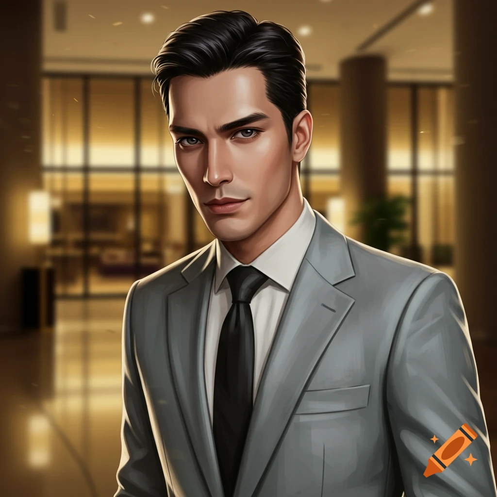 A handsome man with dark hair, blue eyes, wearing a light grey suit and ...