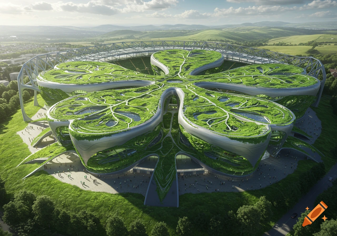 Aerial view of a futuristic, clover-shaped stadium covered in lush ...