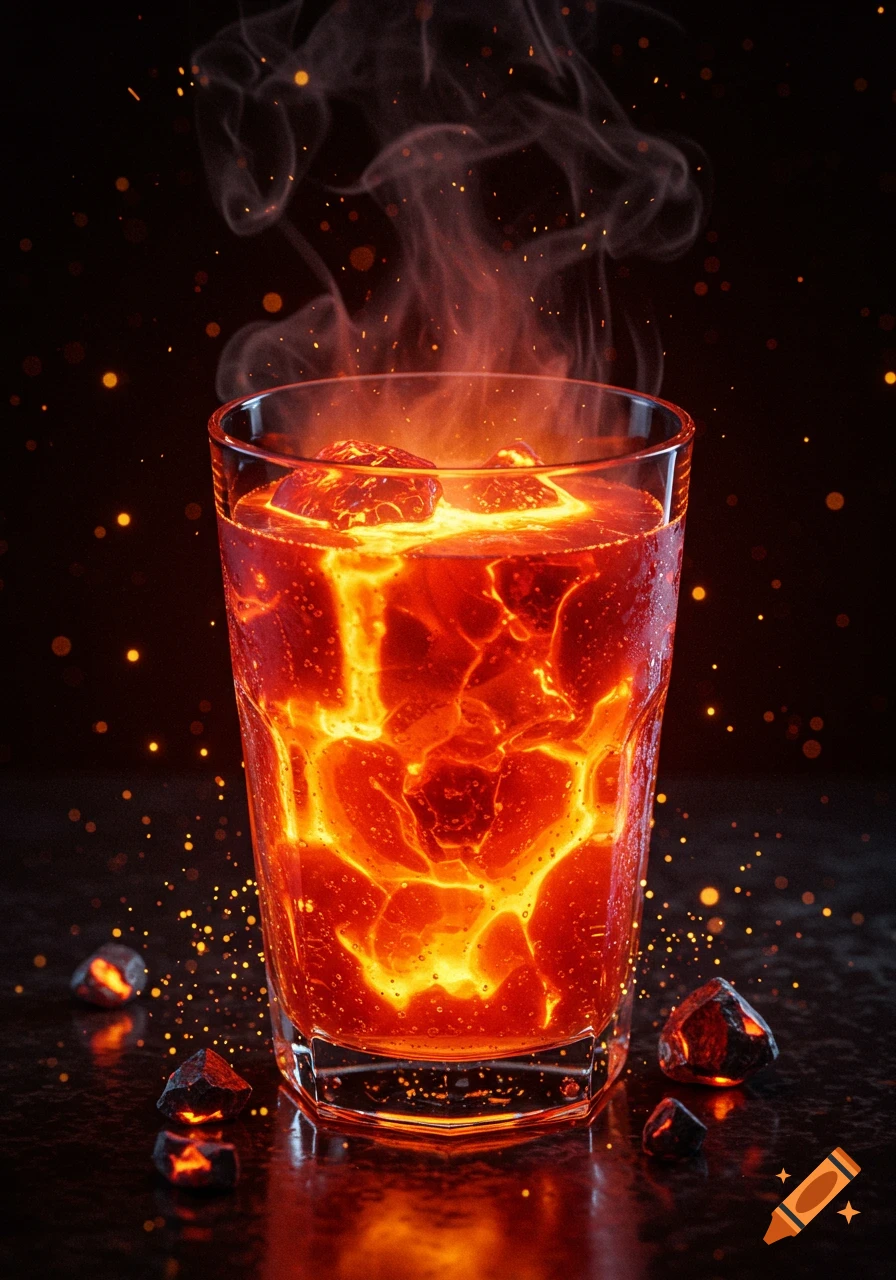 A vibrant red and orange lava drink, glowing intensely in a glass, with ...