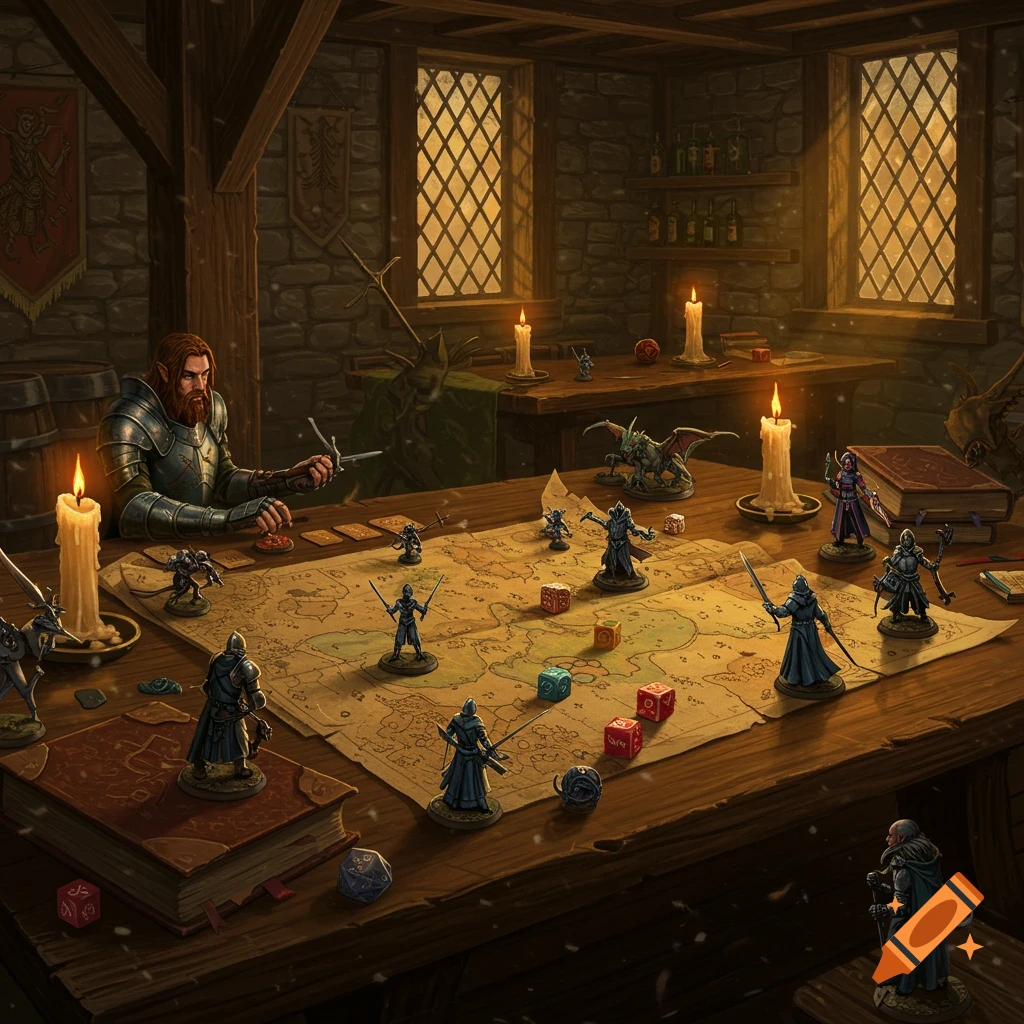 A detailed fantasy illustration of a man playing a tabletop role ...