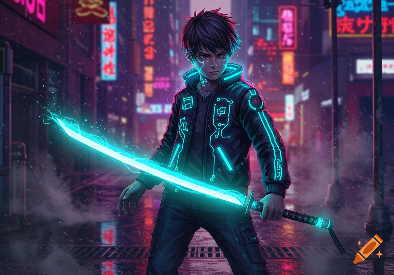 Anime boy with glowing blue circuit patterns on his face and jacket ...