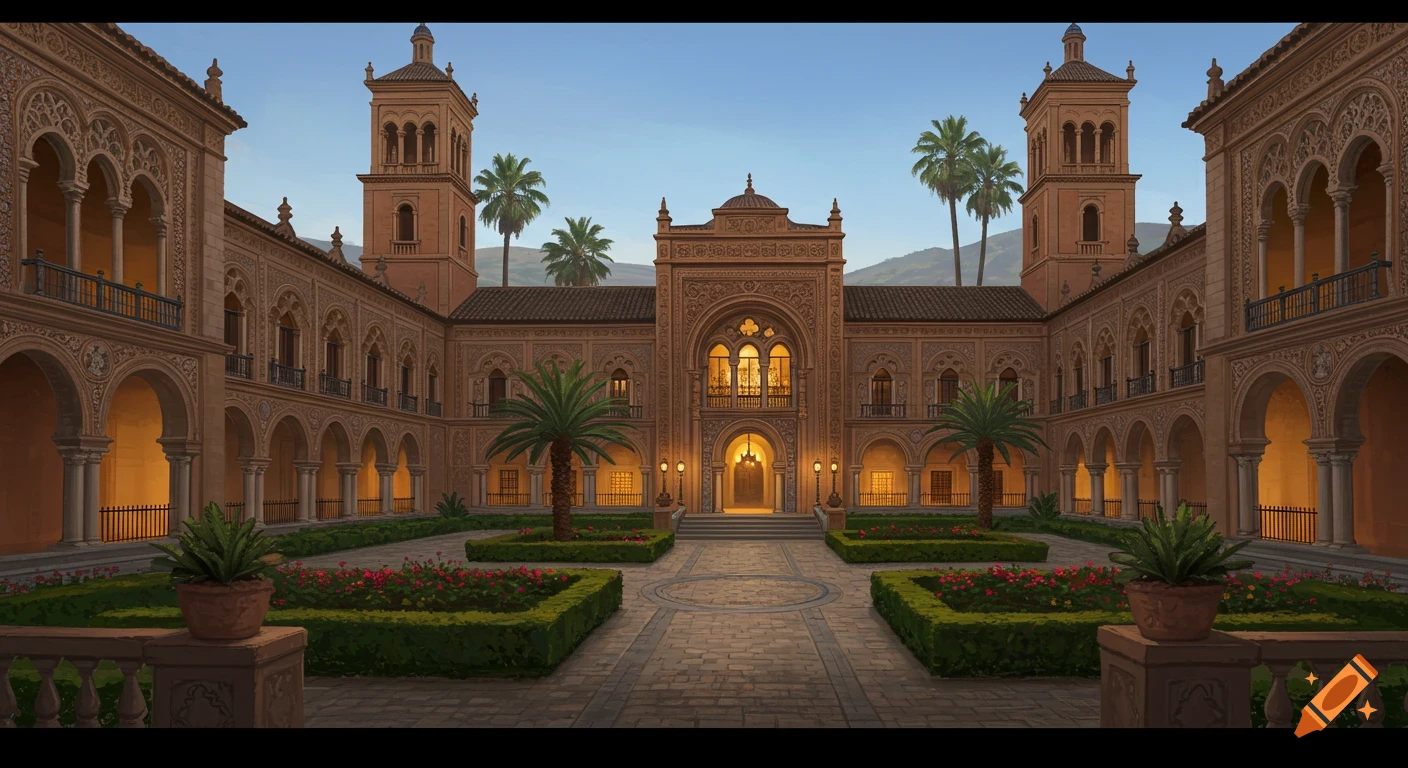 Ornate Moorish-Spanish style palace or university with towers, a grand courtyard, manicured ...