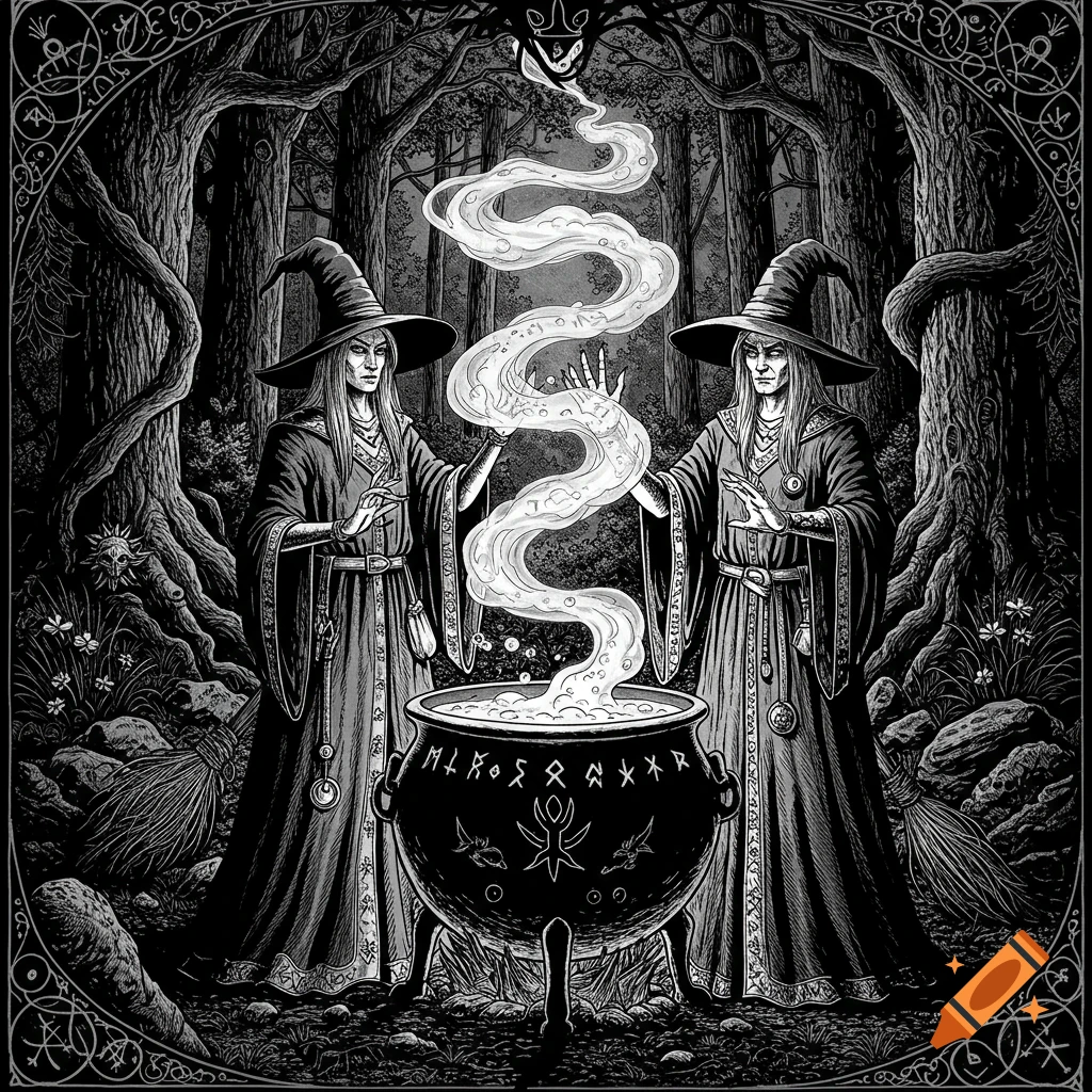 Two witches or warlocks in a dark forest, cloaked and hatted, casting ...