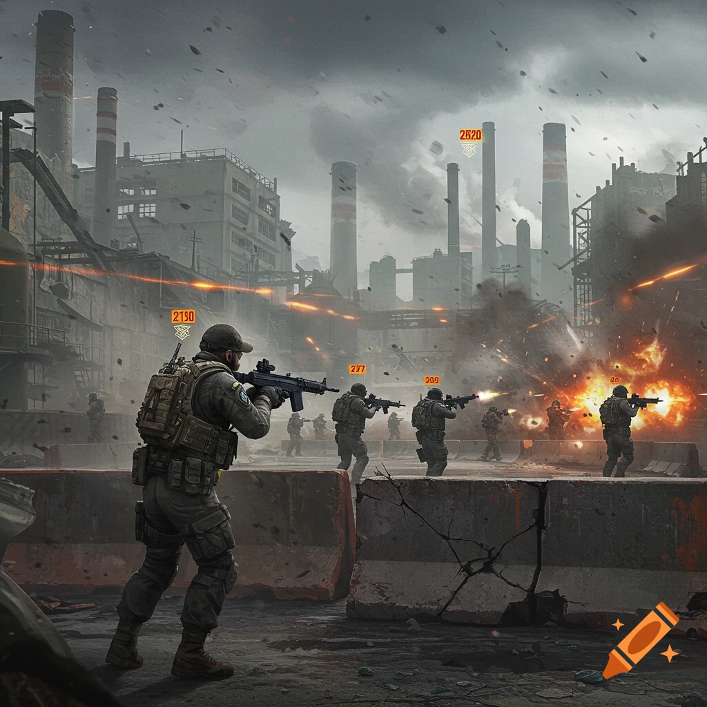 Soldiers engage in a battle amidst industrial ruins, featuring ...