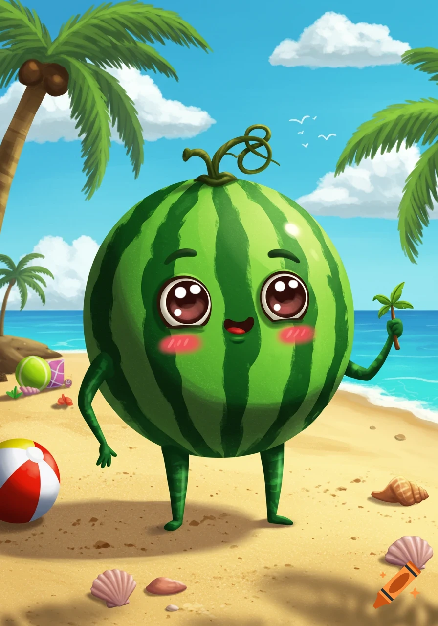 A cute, cartoon pineapple character with big eyes smiles on a sandy ...