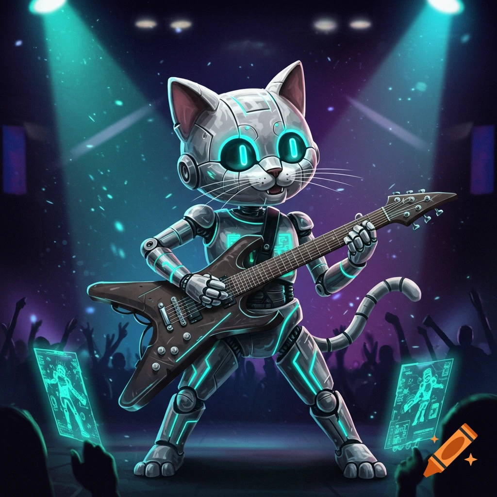 A cartoon tuxedo cat with bright green eyes plays an electric guitar on ...