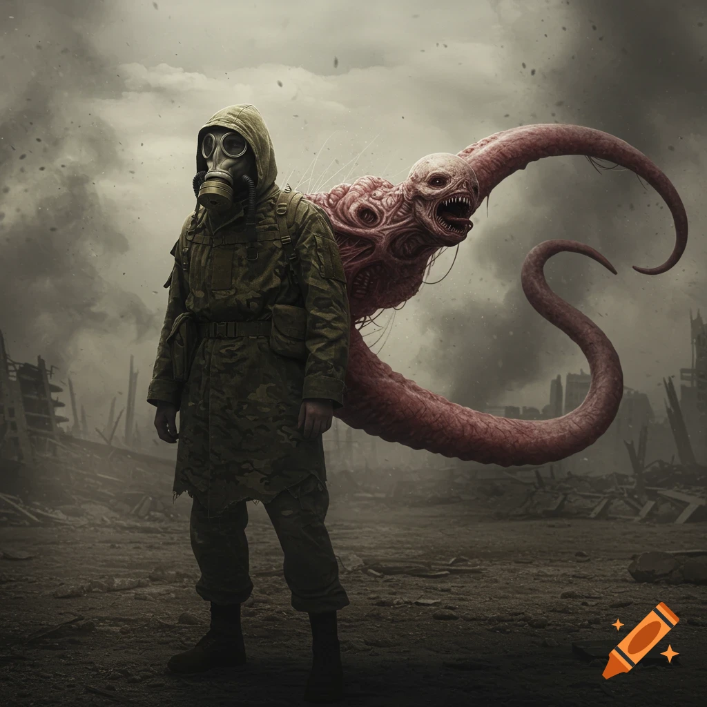 A gas-masked monk with hooded robes stands in a ruined city, a ...