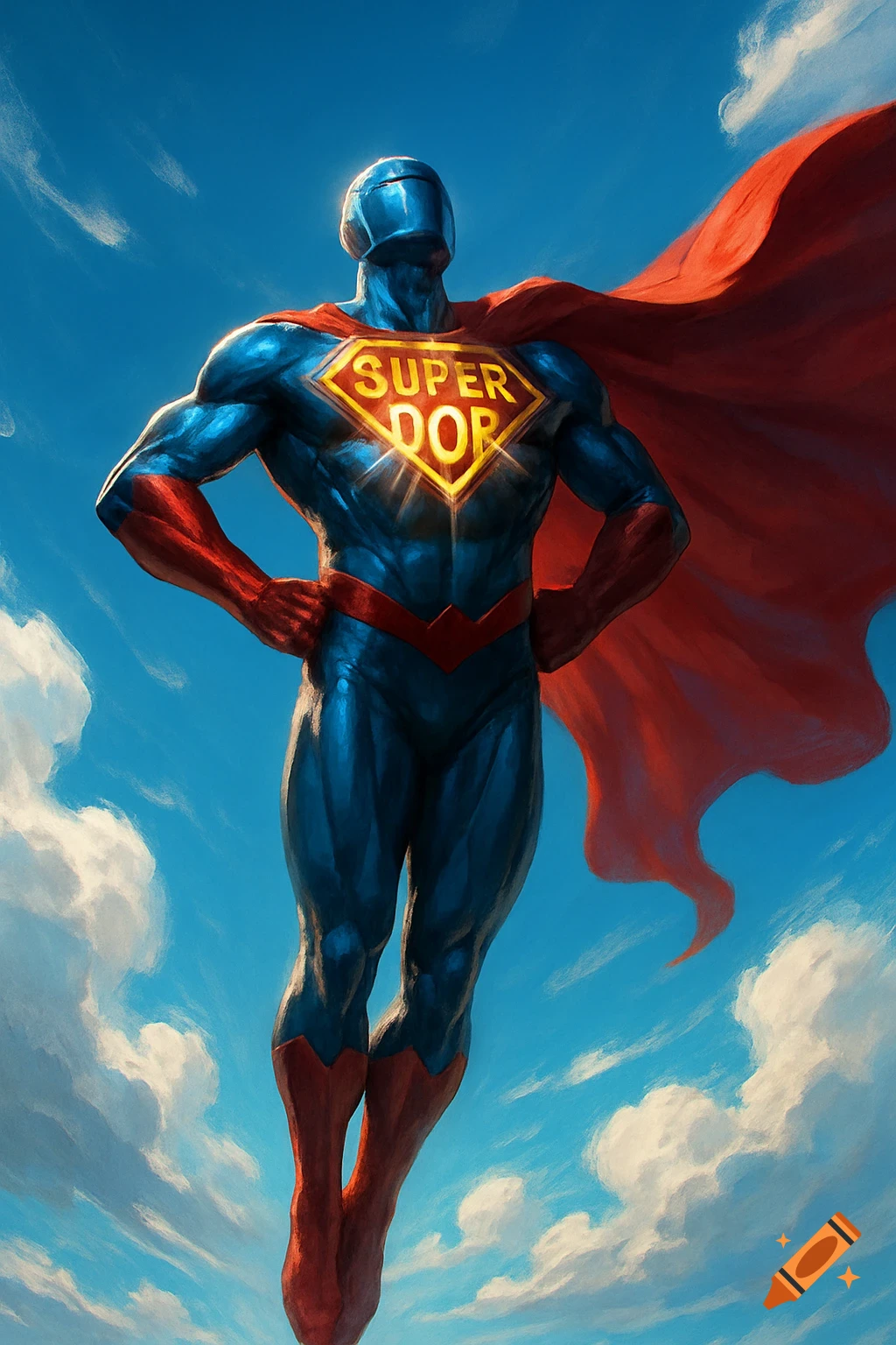 A superhero girl with a jetpack flies over a city and green landscape ...