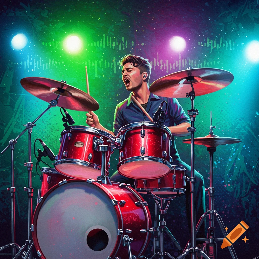 Illustrative painting of a male drummer passionately playing a red drum ...