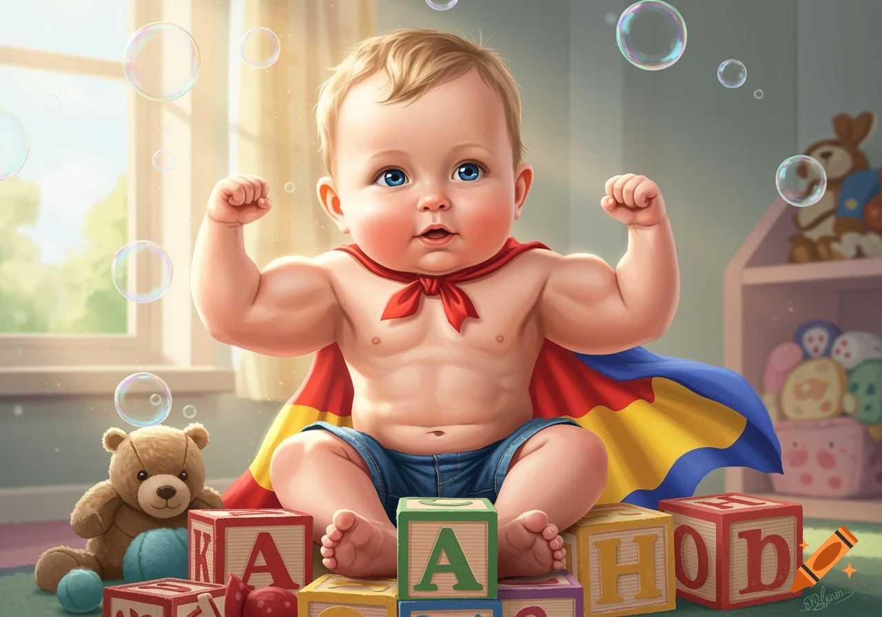 A smiling baby in a yellow onesie with a crown print and a white diaper ...