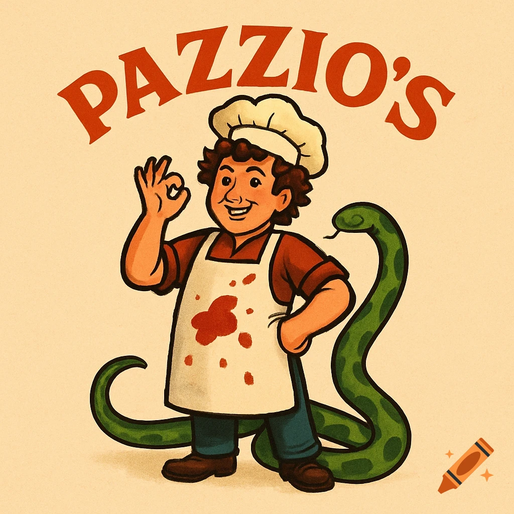 Cartoon chef with sauce on his apron, giving an OK sign, with a snake ...