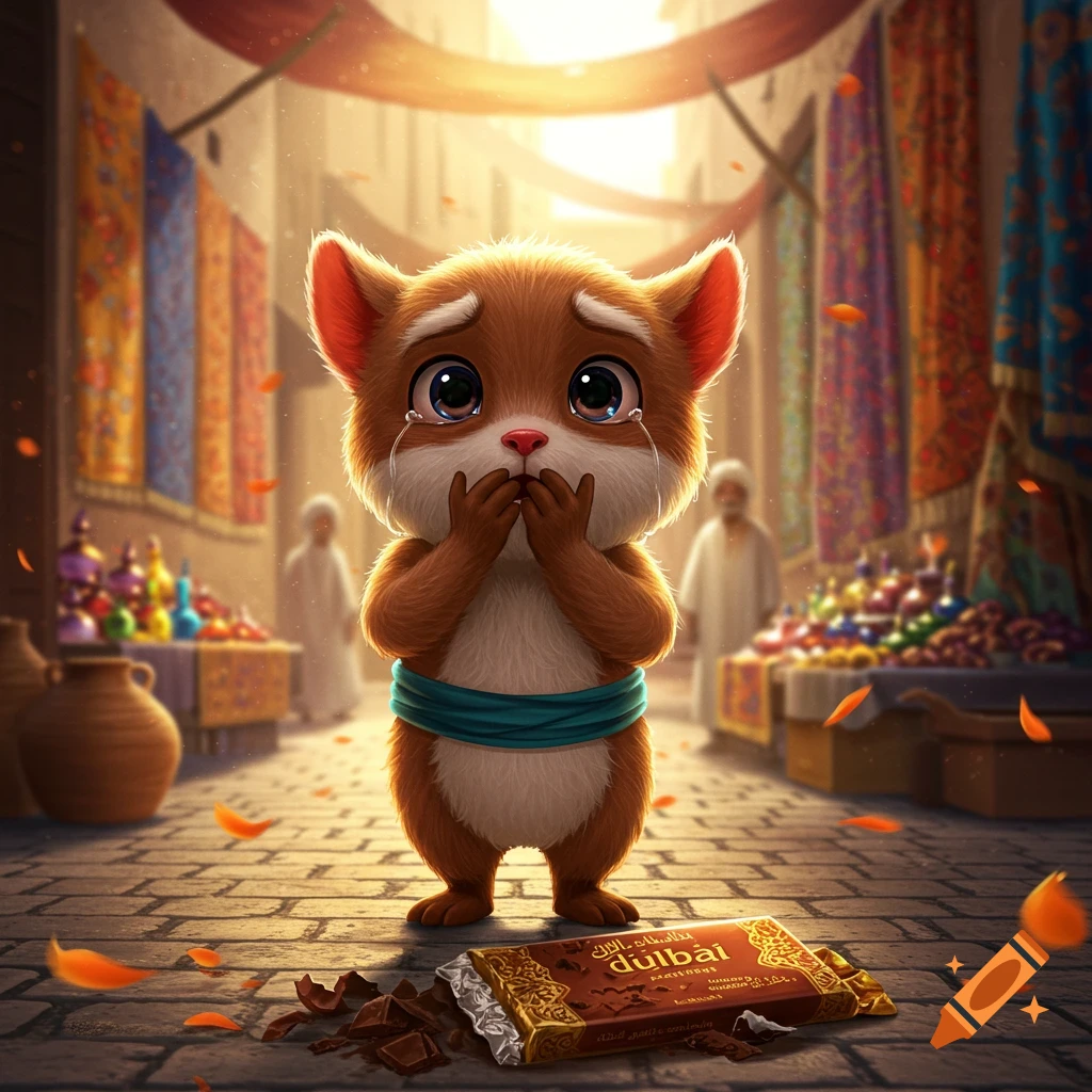 A sad, crying brown cartoon creature looks down at a broken chocolate ...