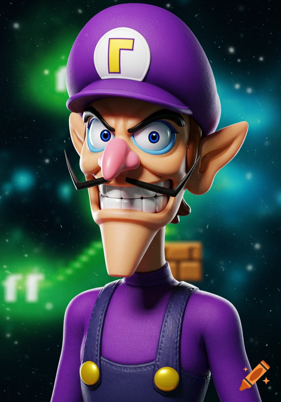 A stylized, cell-shaded image of a greyscale Mario in a black outfit ...