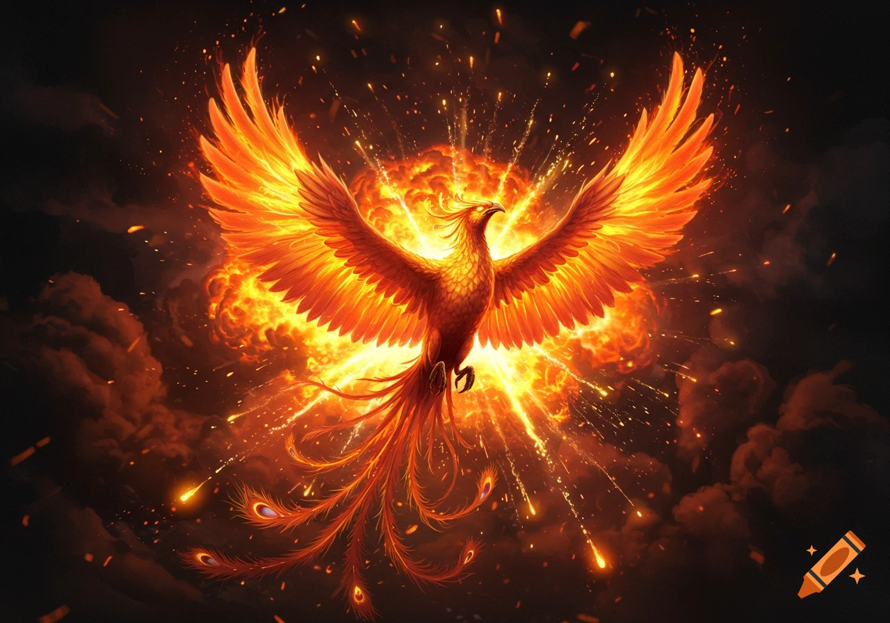A majestic fiery phoenix with outstretched wings rises from a brilliant explosion of orange and ...