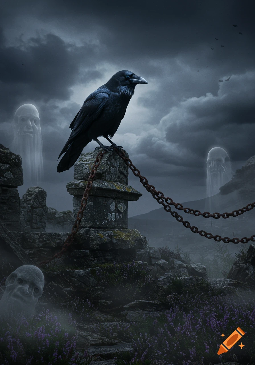 A black raven perches on chained stone ruins with ghostly figures ...