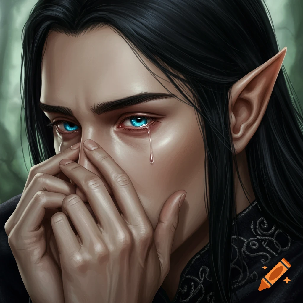 Portrait of a dark elf man with slate gray skin, long black hair ...