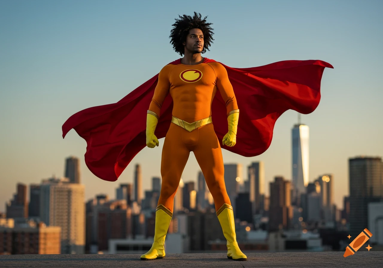 A Lego Robin minifigure stands on a rooftop against a glowing city ...