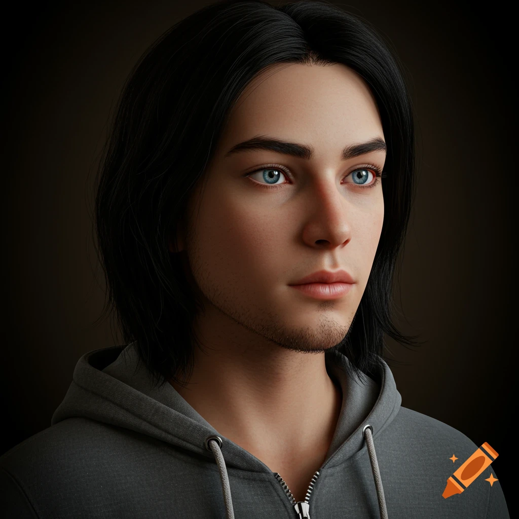 Close-up photorealistic portrait of a young man with long black hair ...