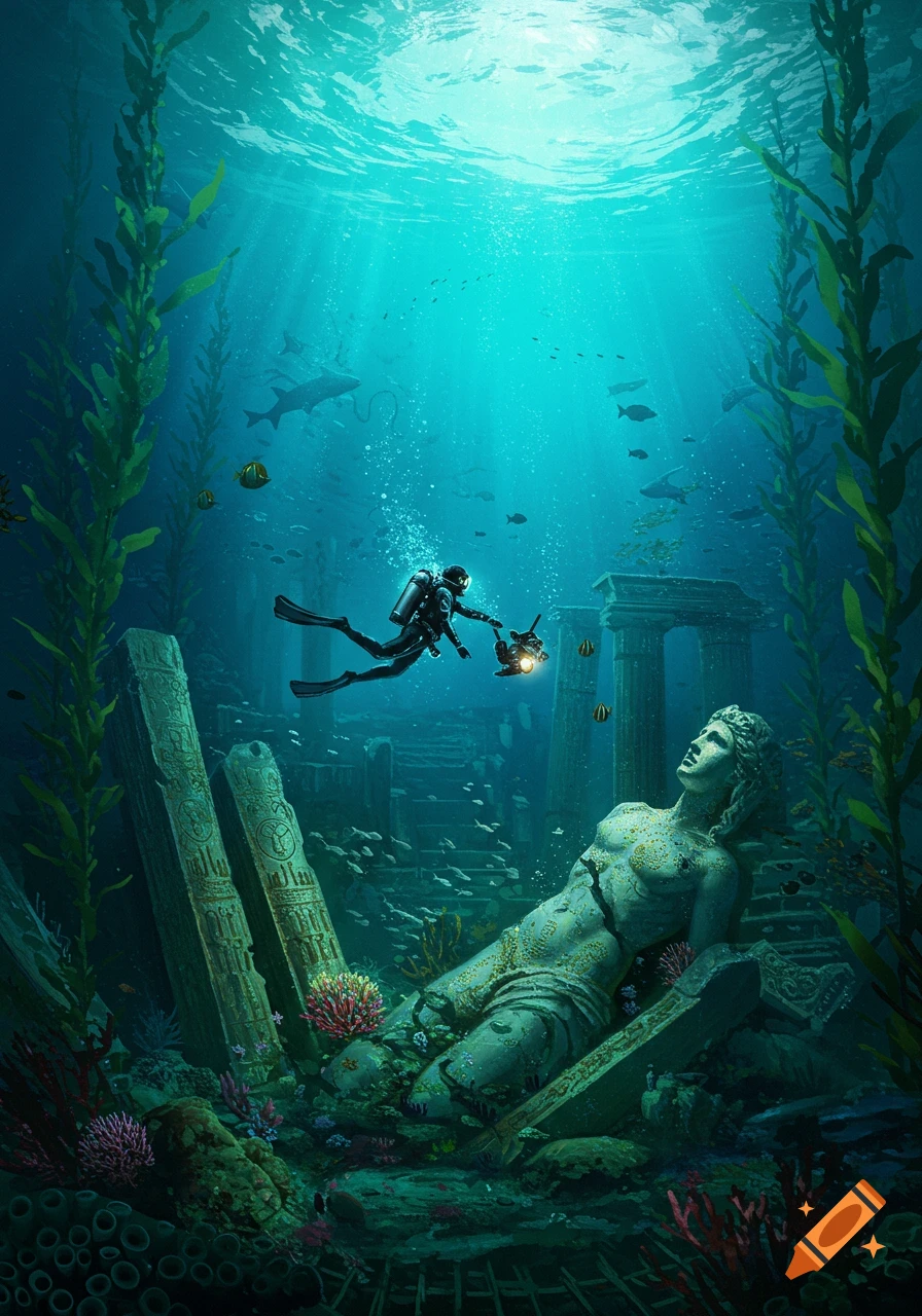 Scuba diver explores detailed ancient underwater ruins with a large ...