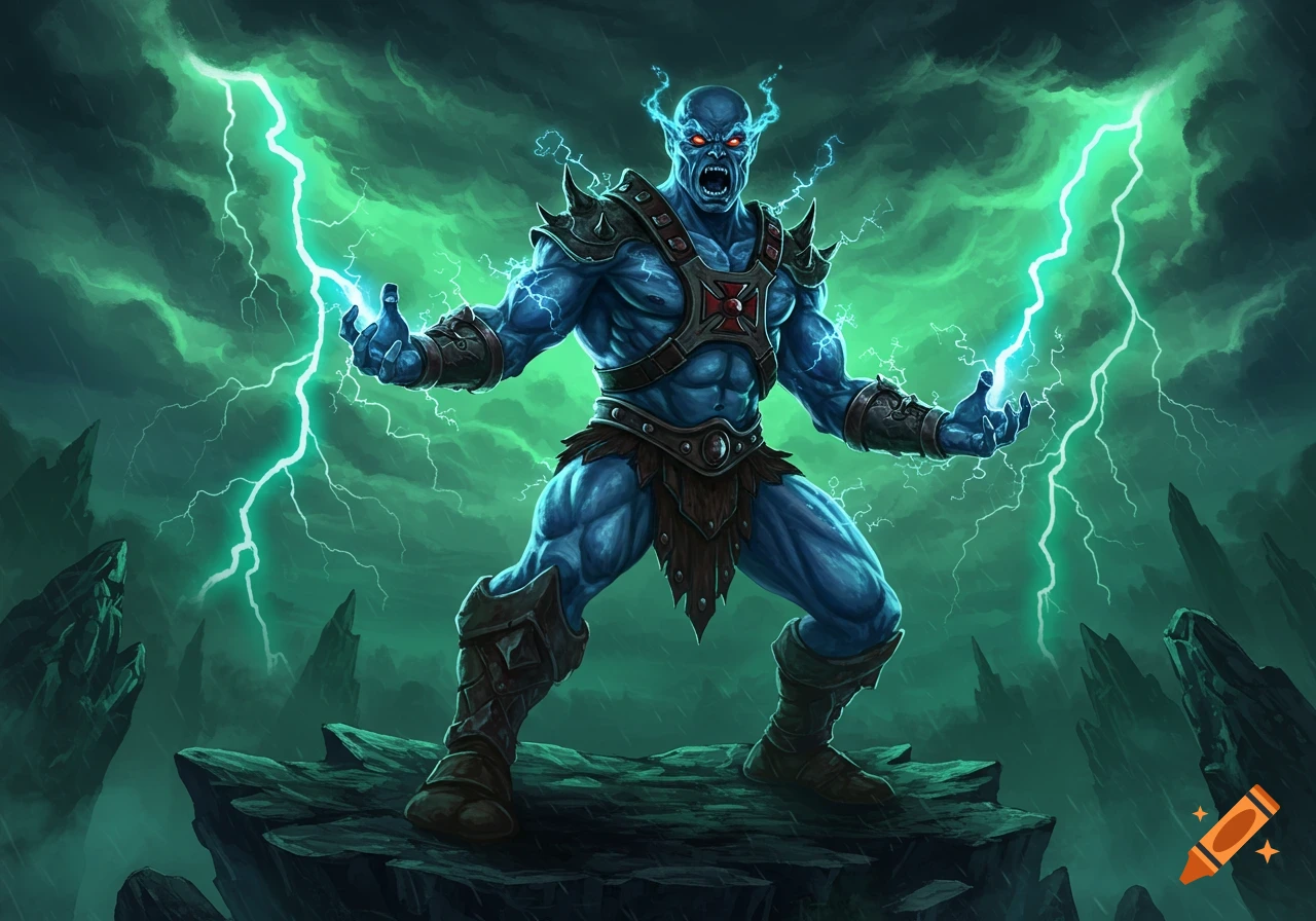 A muscular blue-skinned Goliath pirate with blonde hair and glowing ...