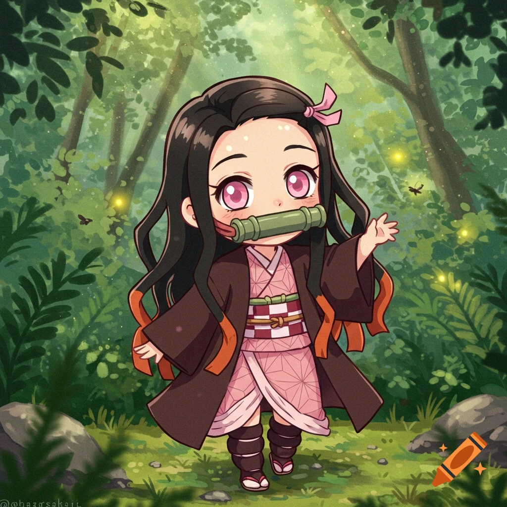 Anime-style illustration of Nezuko from Demon Slayer in an action pose ...