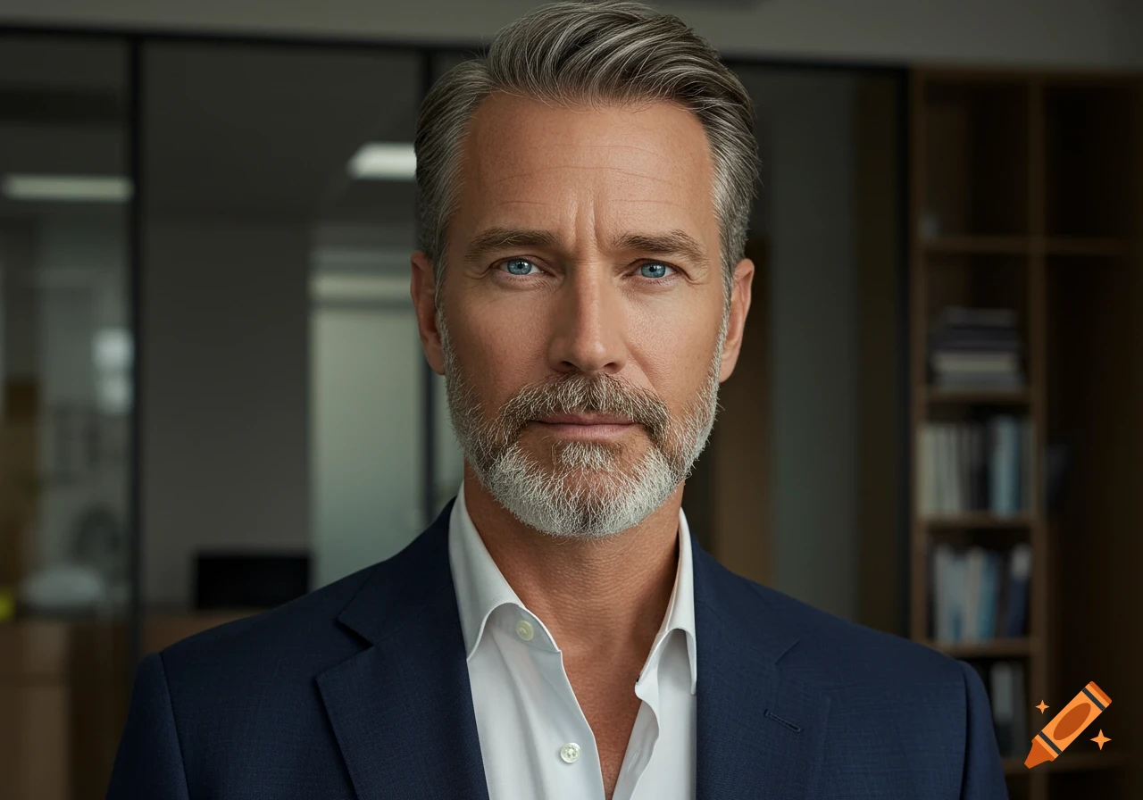Photorealistic portrait of a distinguished man with grey hair and beard ...