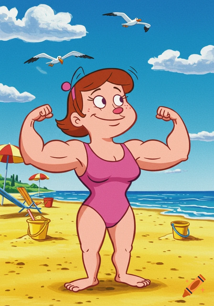 A cartoon mother in a red swimsuit flexes her muscles at the beach ...