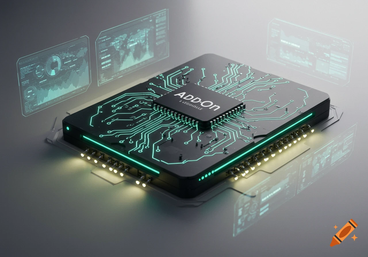 A blue, metallic microchip with gold pins in an isometric 3D render on ...